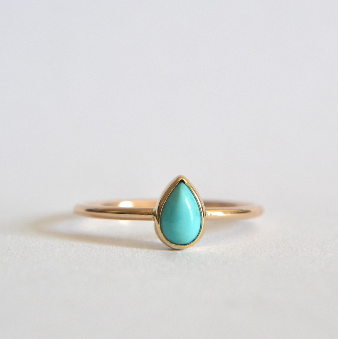 14k Solid Gold Tear Drop Turquoise Ring, Natural Turquoise Gemstone ...