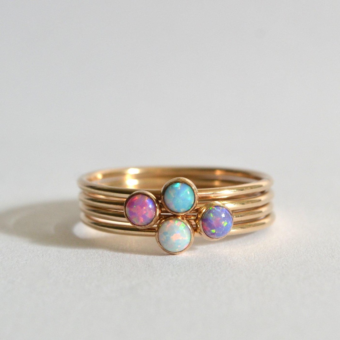 Set of Four White, Blue, Pink and Lavender in Opal Stacking Rings 14k ...