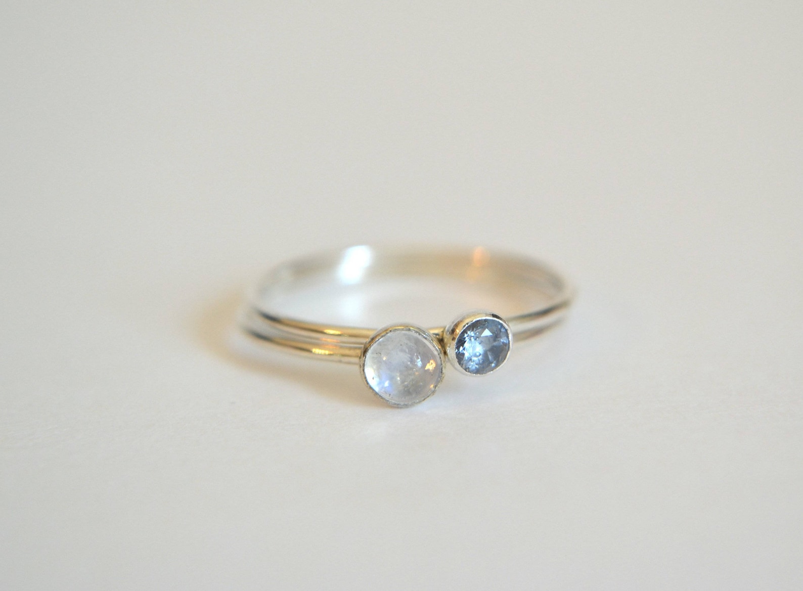 14k Solid Gold Set of Two Moonstone Rings, 14k Gold Moonstone Ring, 14k ...
