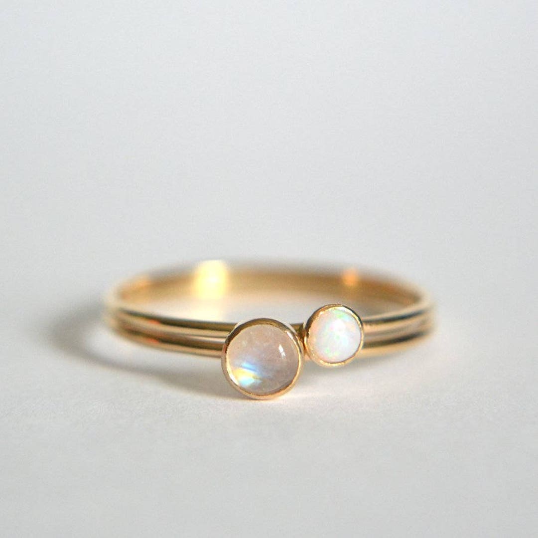14k Solid Gold Set of Two Moonstone Rings, 14k Gold Moonstone Ring, 14k ...