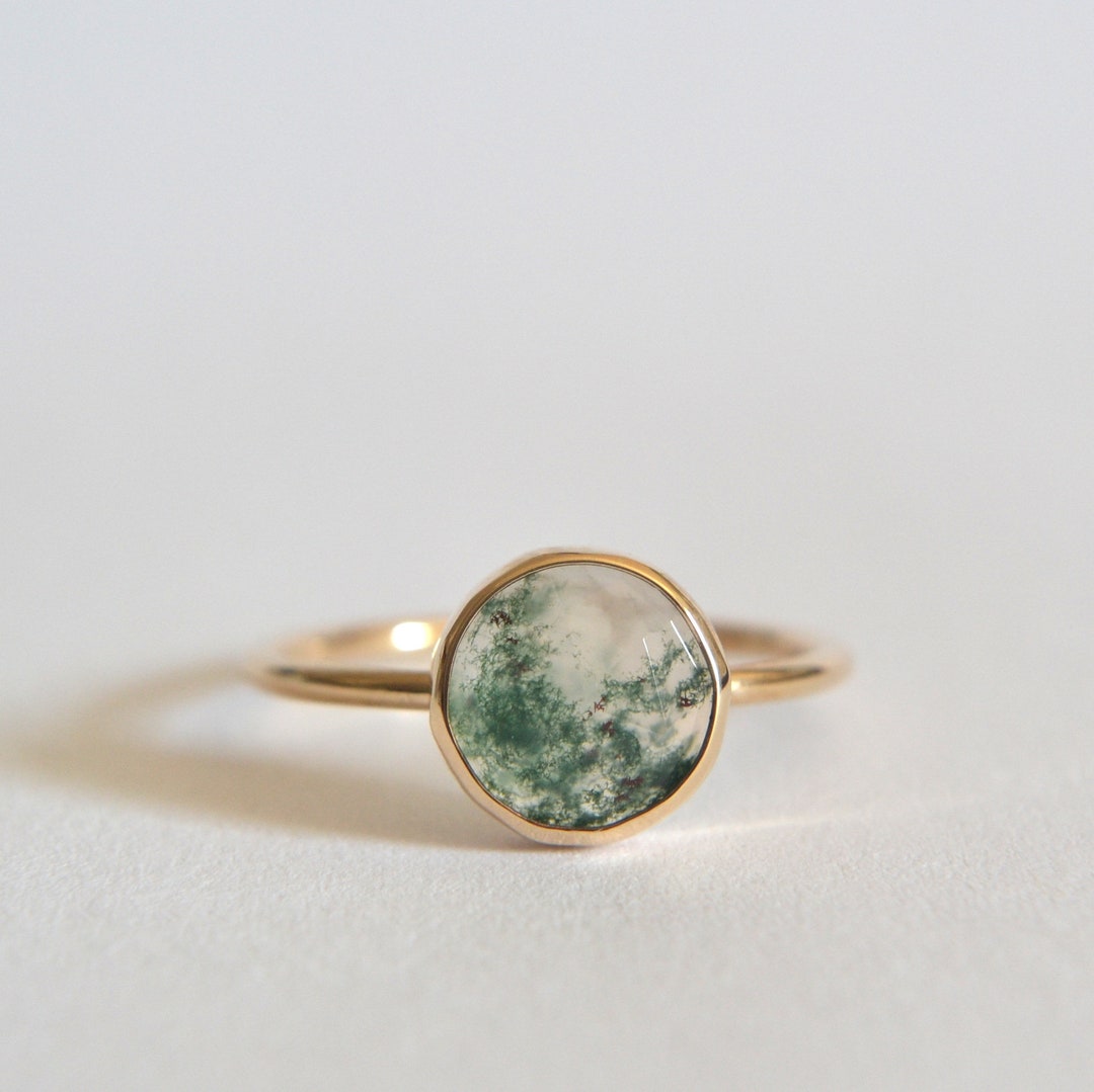 14k Solid Gold Natural Moss Agate Gemstone Ring, Engagement Ring, Moss ...