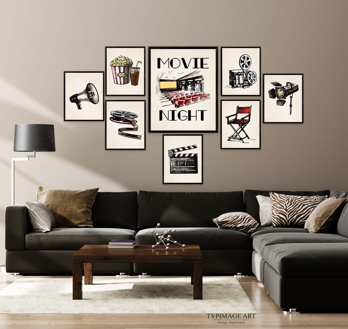 Movie Room Decor, Set of 8, Illustrated Movie Theme Wall Art, Home ...