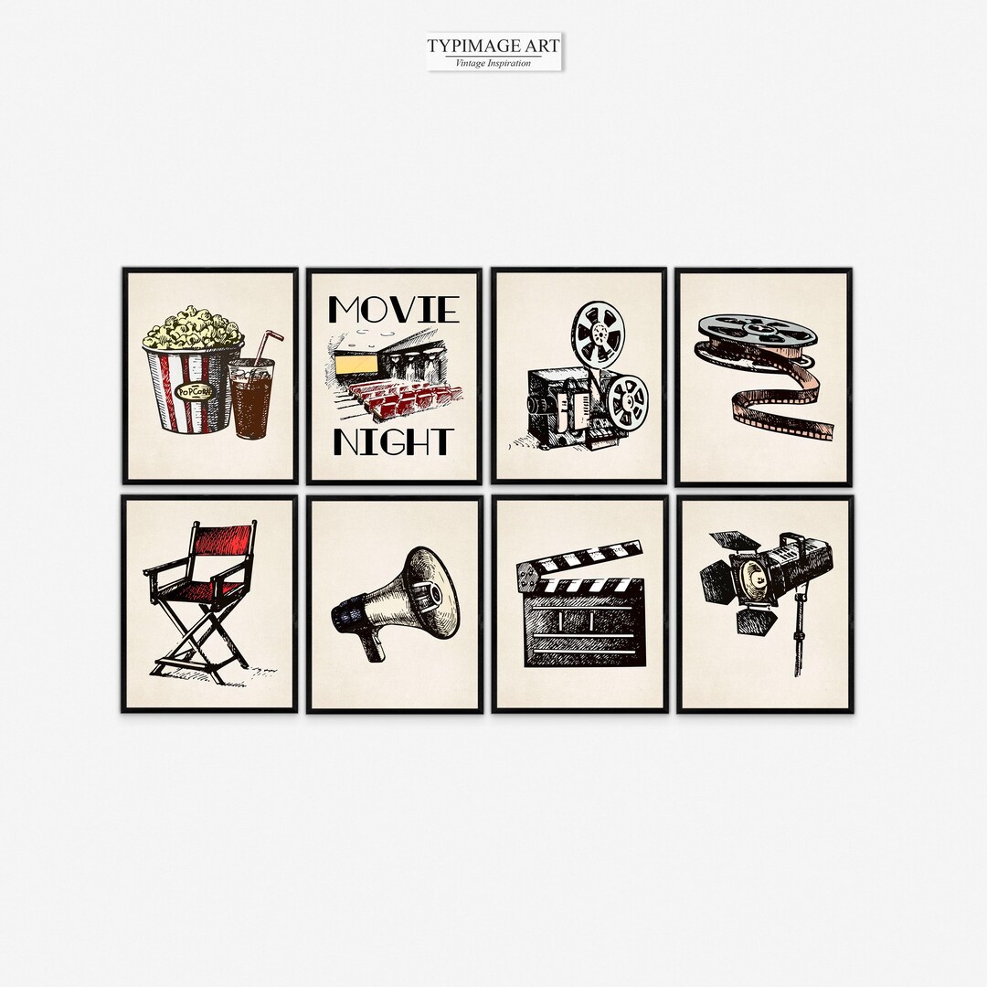 Movie Room Decor, Set of 8, Illustrated Movie Theme Wall Art, Home ...