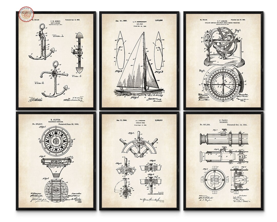 Vintage Maritime Art, Nautical Decor, Set of 6 Nautical Sailing Patent ...