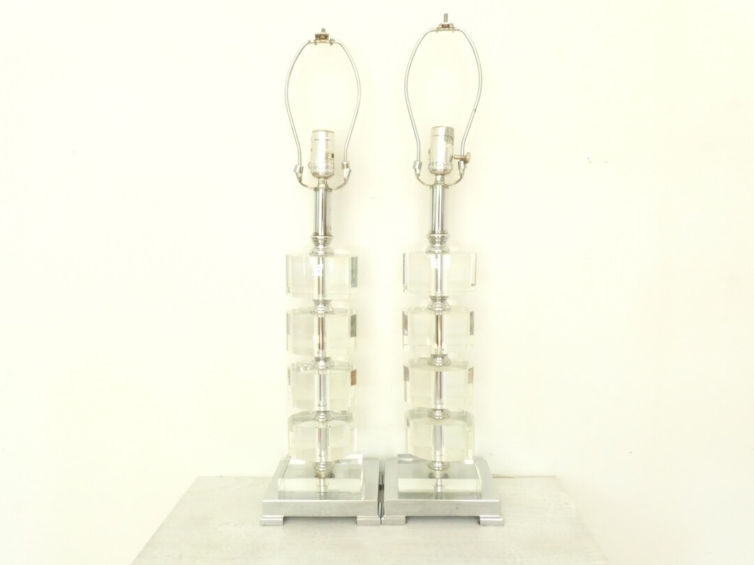 Pair of Vintage Lucite Mid Century Stacked Block Lamps Chrome Base ...