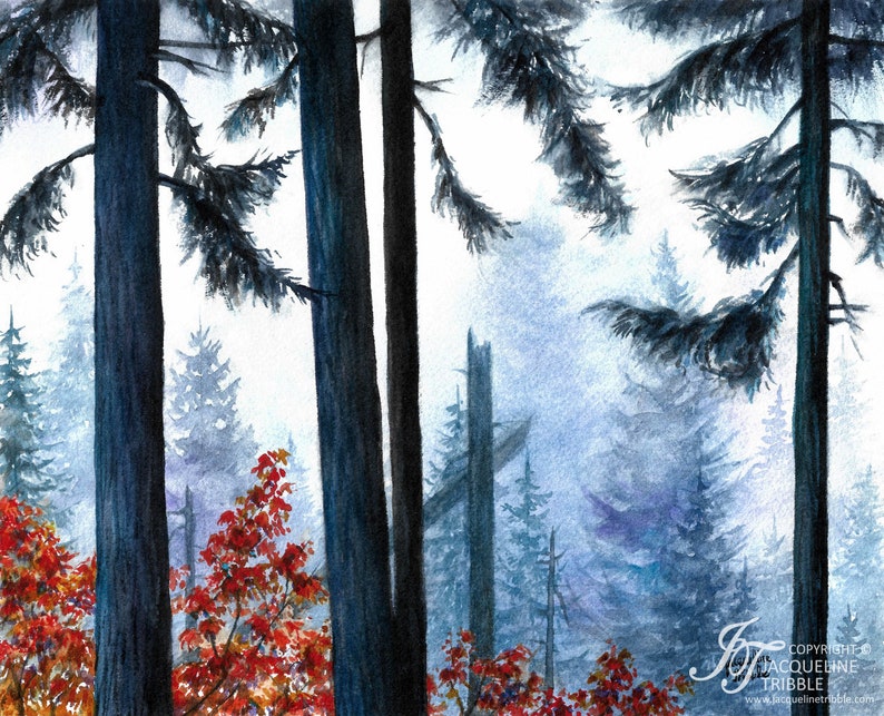 Watercolor Print Pacific Northwest Forest, Autumn Foliage, Misty, PNW ...