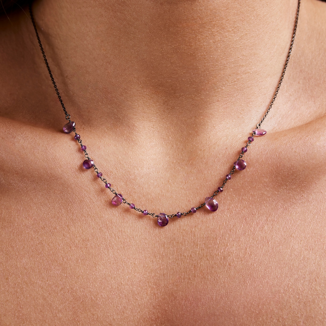 Amethyst Charm Necklace, Dainty Necklace, Black Rhodium on Sterling ...