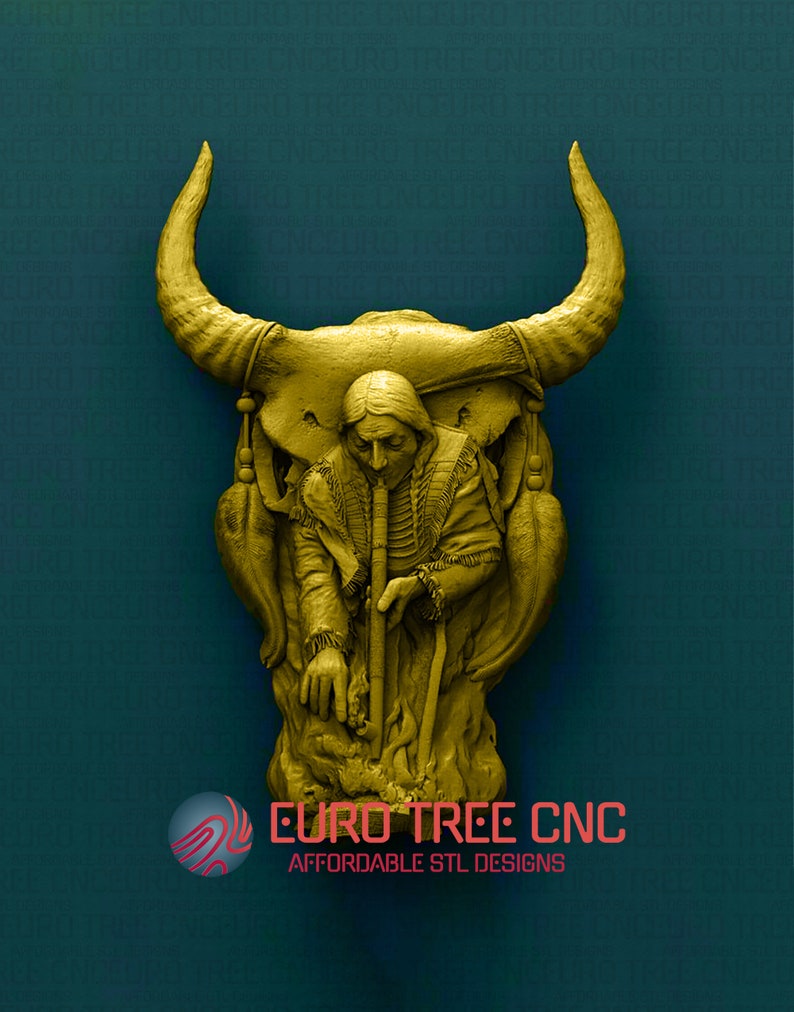 Native American Shaman Chief in a Bison Skull 3D STL Model, CNC Router ...