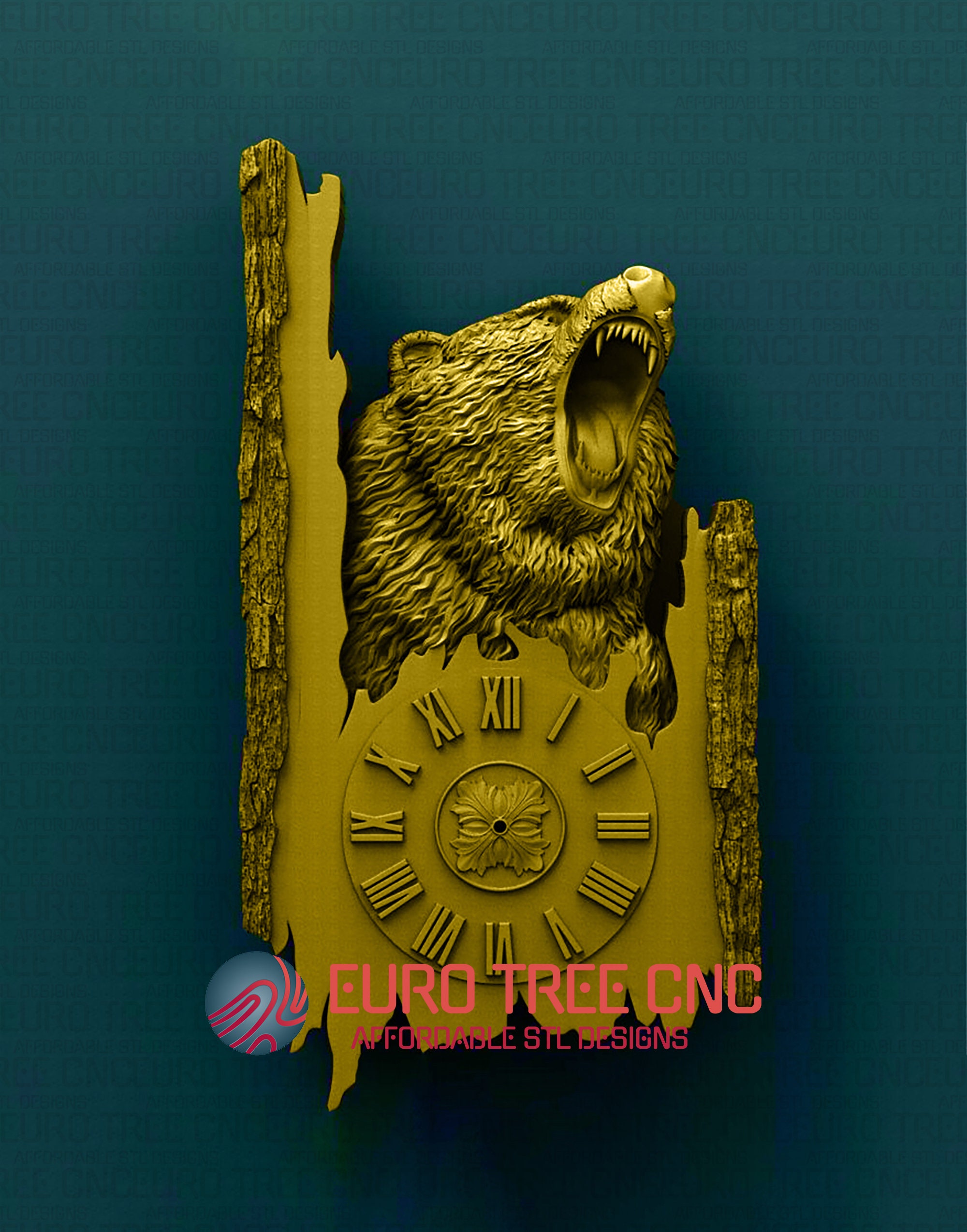 Roaring Bear Wall Clock 3D STL Model, CNC Router Engraver, Artcam, Aspire, CNC Files, Wood, Art ...