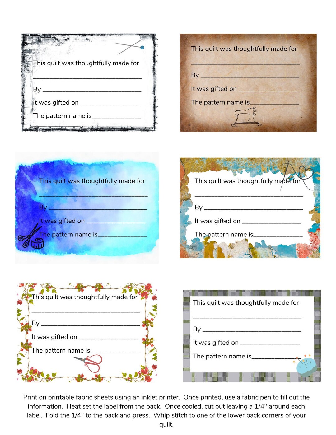 Printable Quilt Labels, Downloadable Quilt Labels, Fabric Sew on Quilt ...