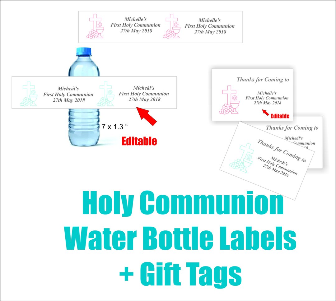 Holy Communion - Pink - Water Bottle Labels + Gift Tags - Thank You ...