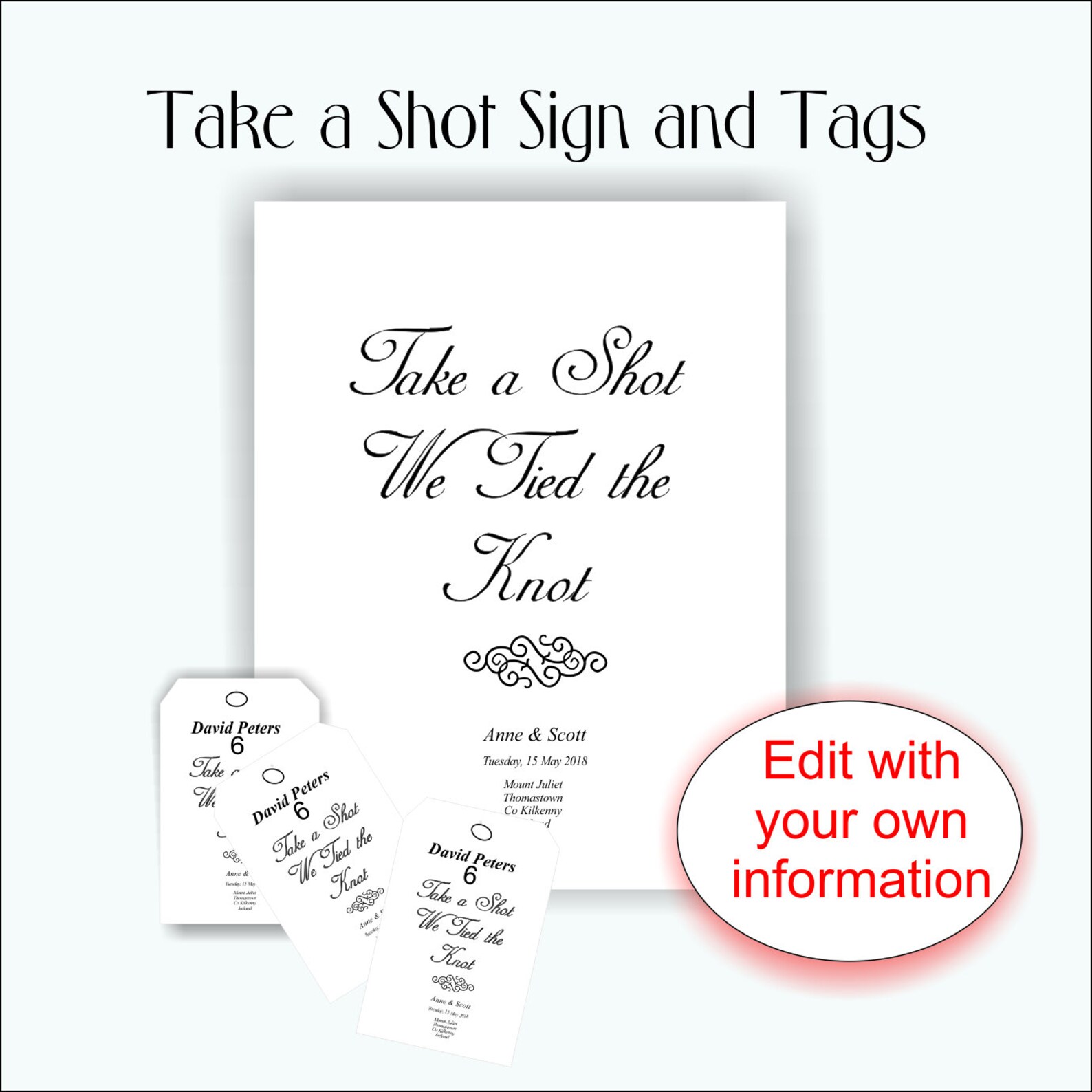Tak a Shot We Tied the Knot Sign and Tags Editable File - Etsy