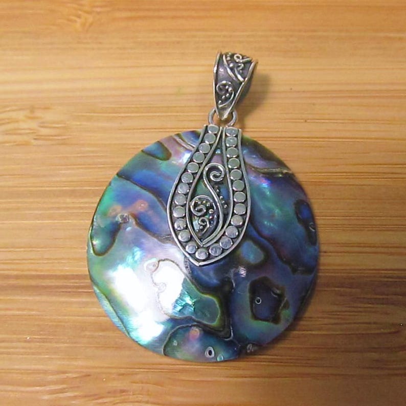 Iridescent Abalone Paua Shell Pendant: Handcrafted 925 Sterling Silver ...