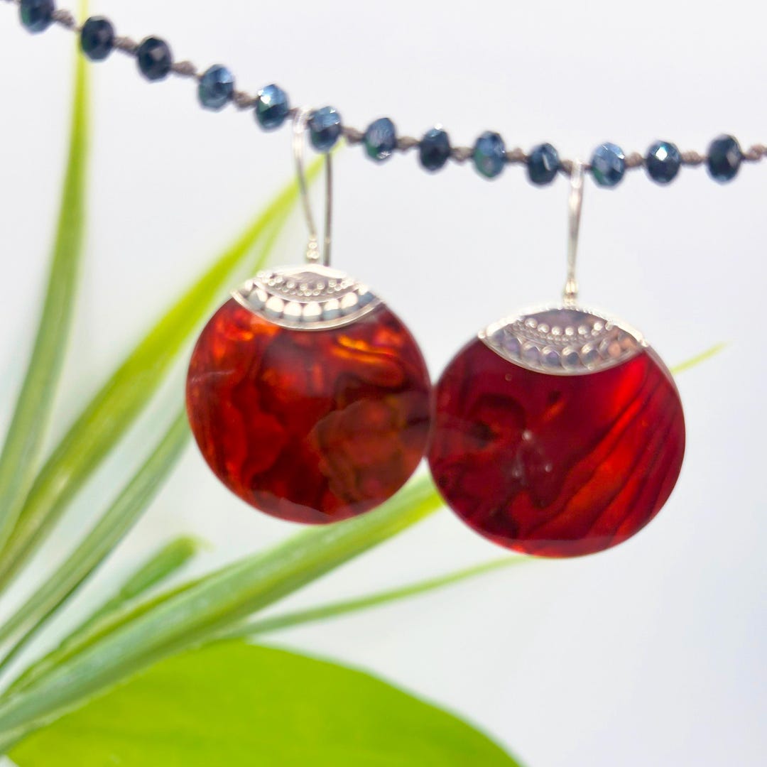 Vibrant Orange Round Abalone Paua Shell Earrings - Handcrafted 925 ...