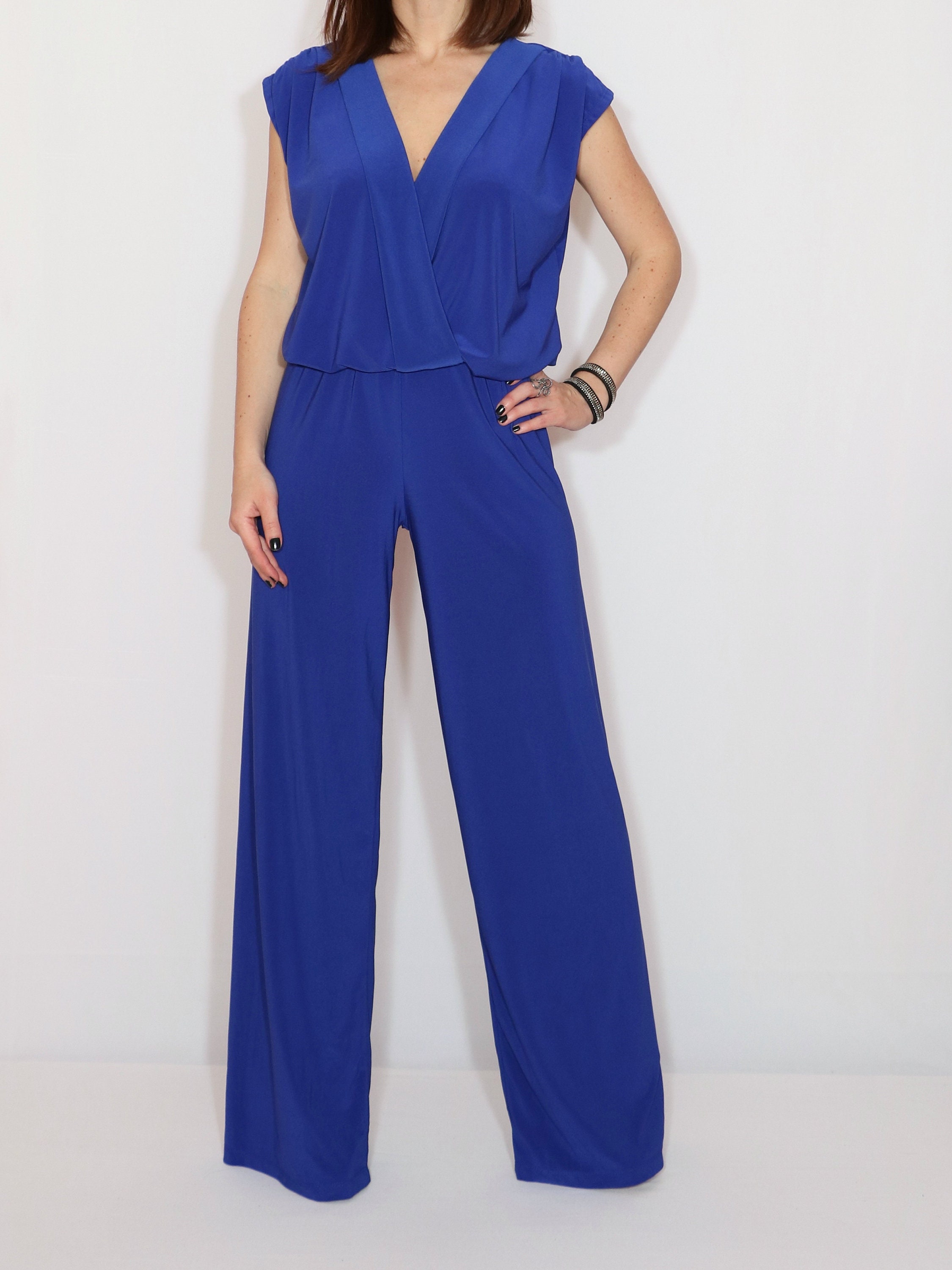 Cobalt Blue Wide Leg Jumpsuit Women Electric Blue Wrap Etsy