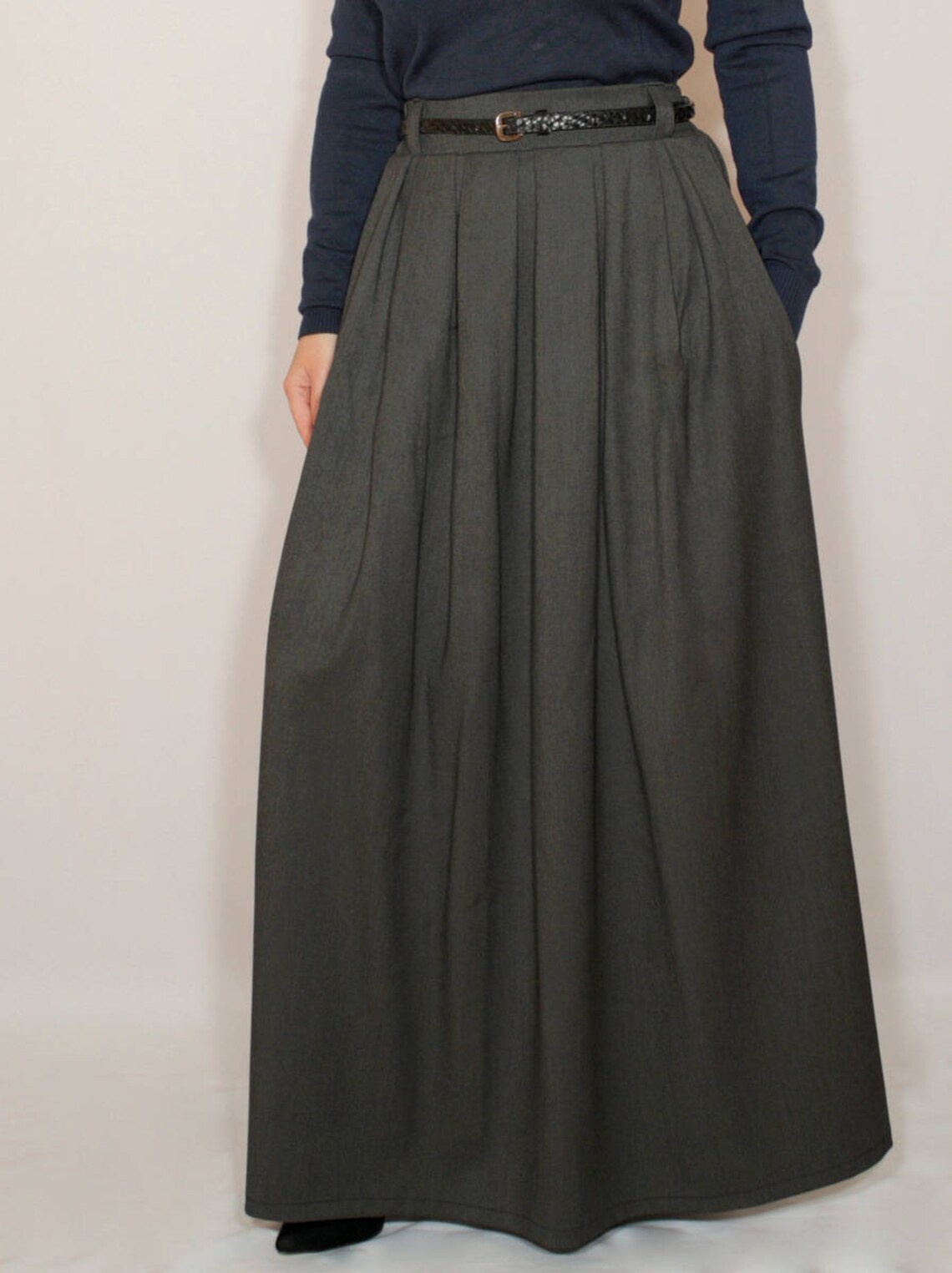 Grey Wool Maxi Skirt With Pockets Pleated Skirt Long Wool Etsy