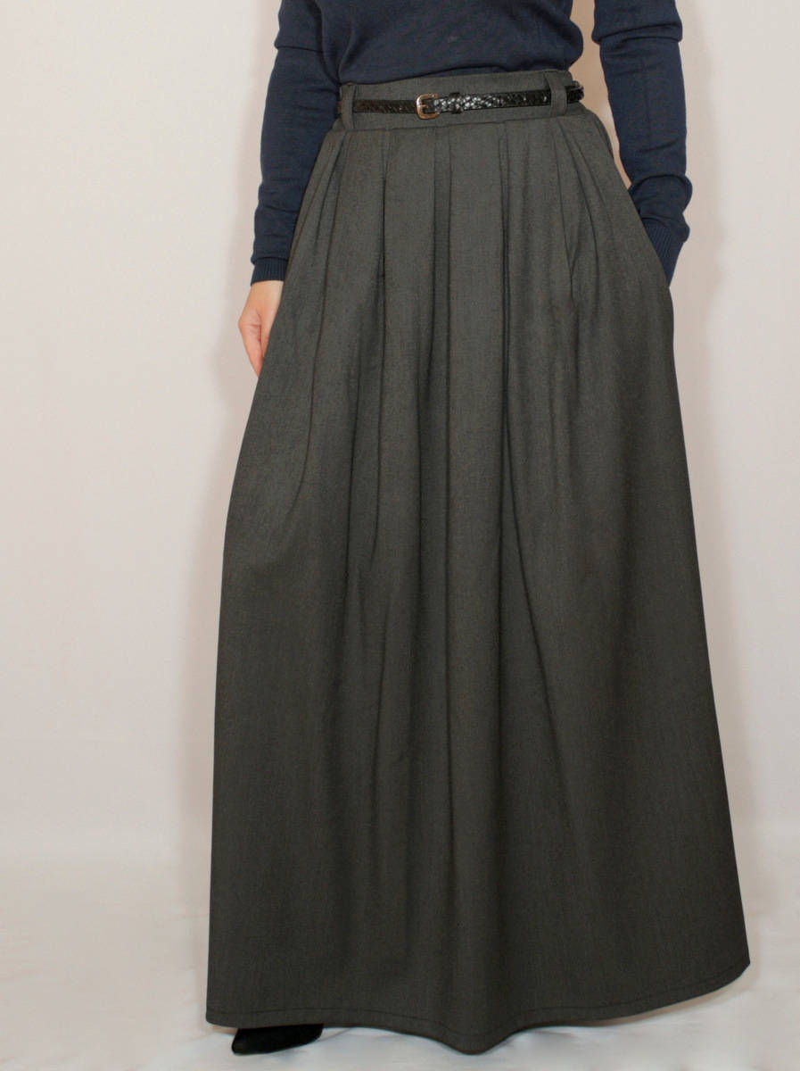 Grijze wollen maxi rok met zakken geplooide rok lange wollen | Etsy