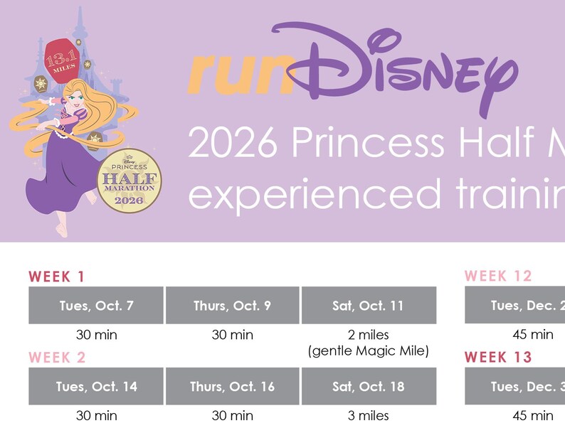 2026 Rundisney Dated Princess Half Marathon Experienced Training Plan ...