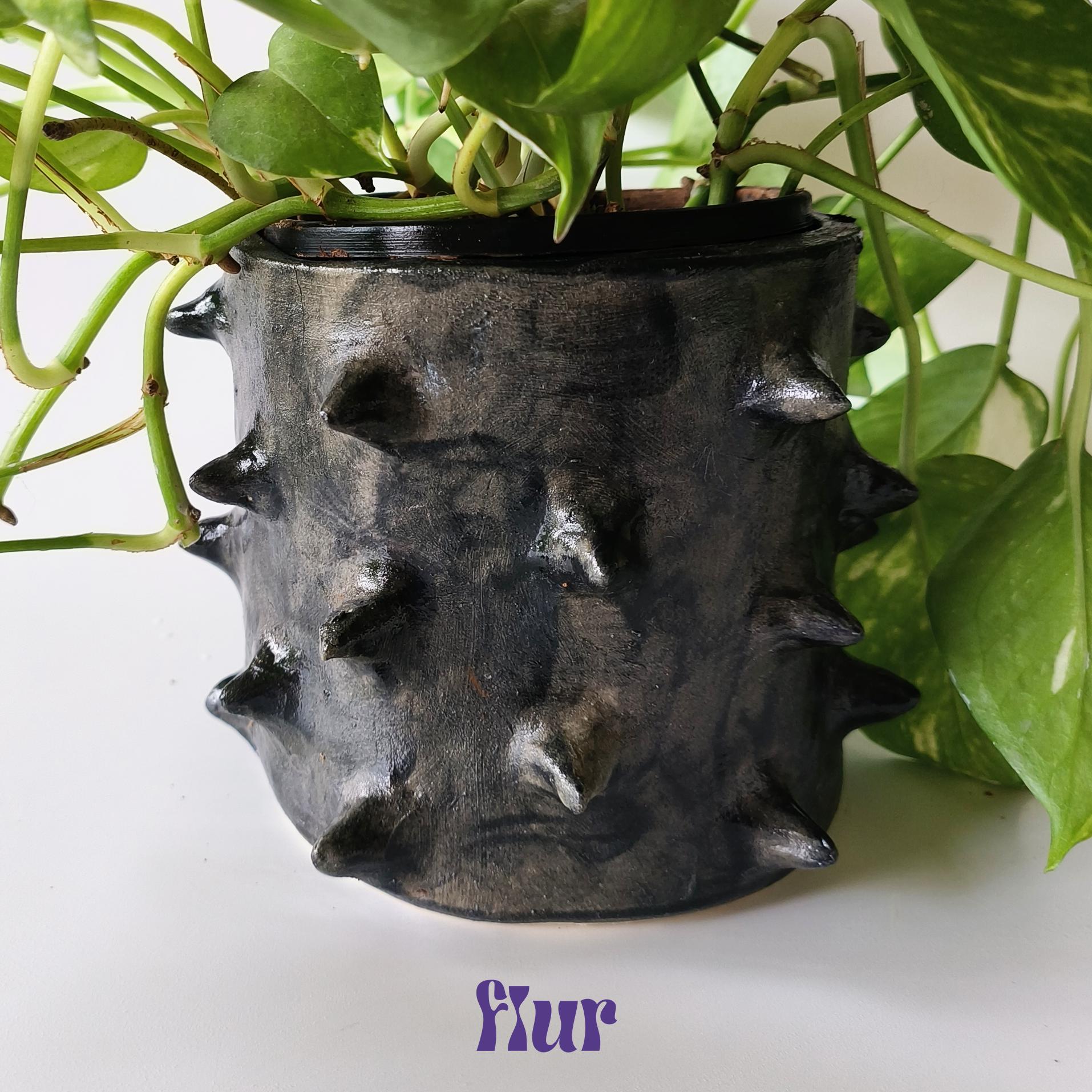 Handmade Ceramic Planter Pot, Spikes Design, Black Minimal Planter With ...