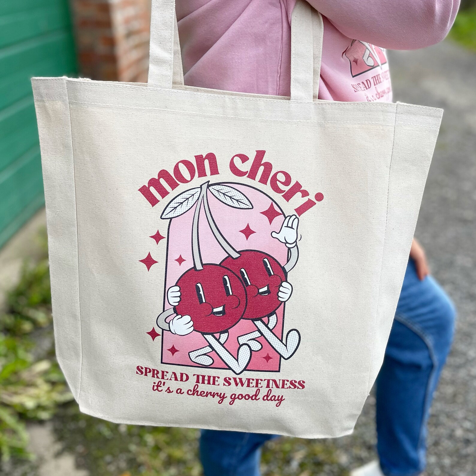 Mon Cheri Slogan Tote, Retro Cherry Tote Bag, Retro Cherry Art, Cherry ...