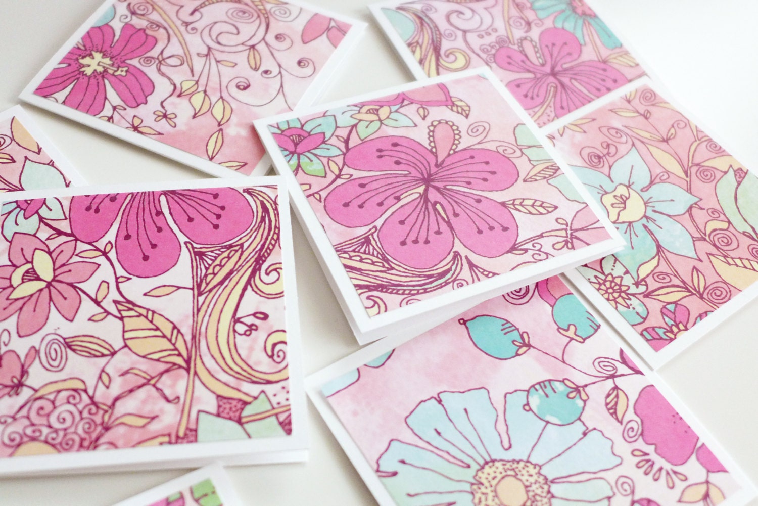 Cute Stationery Set, Floral Pink and Mint Mini Cards With Envelopes ...