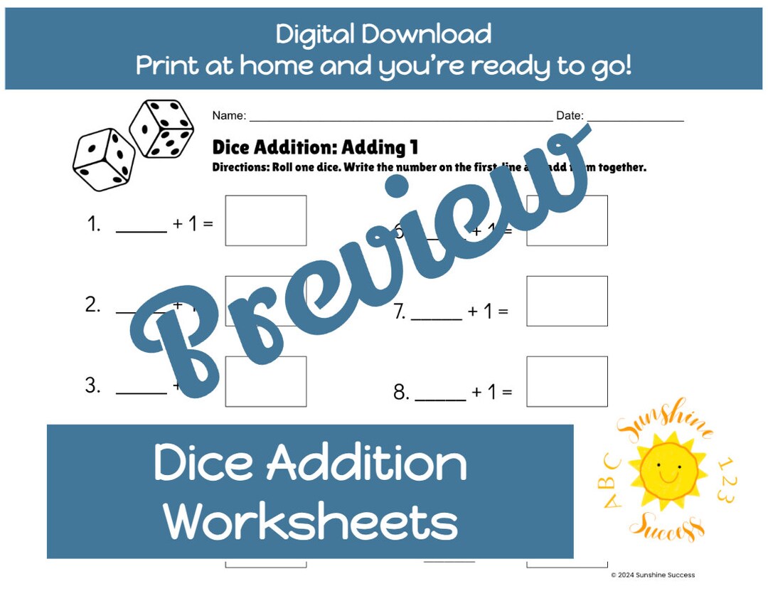 Dice Addition Worksheets - Etsy