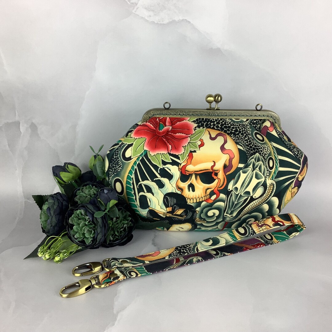 Japanese Gothic Medium Clutch Bag With Skulls and Snakes, Detachable ...