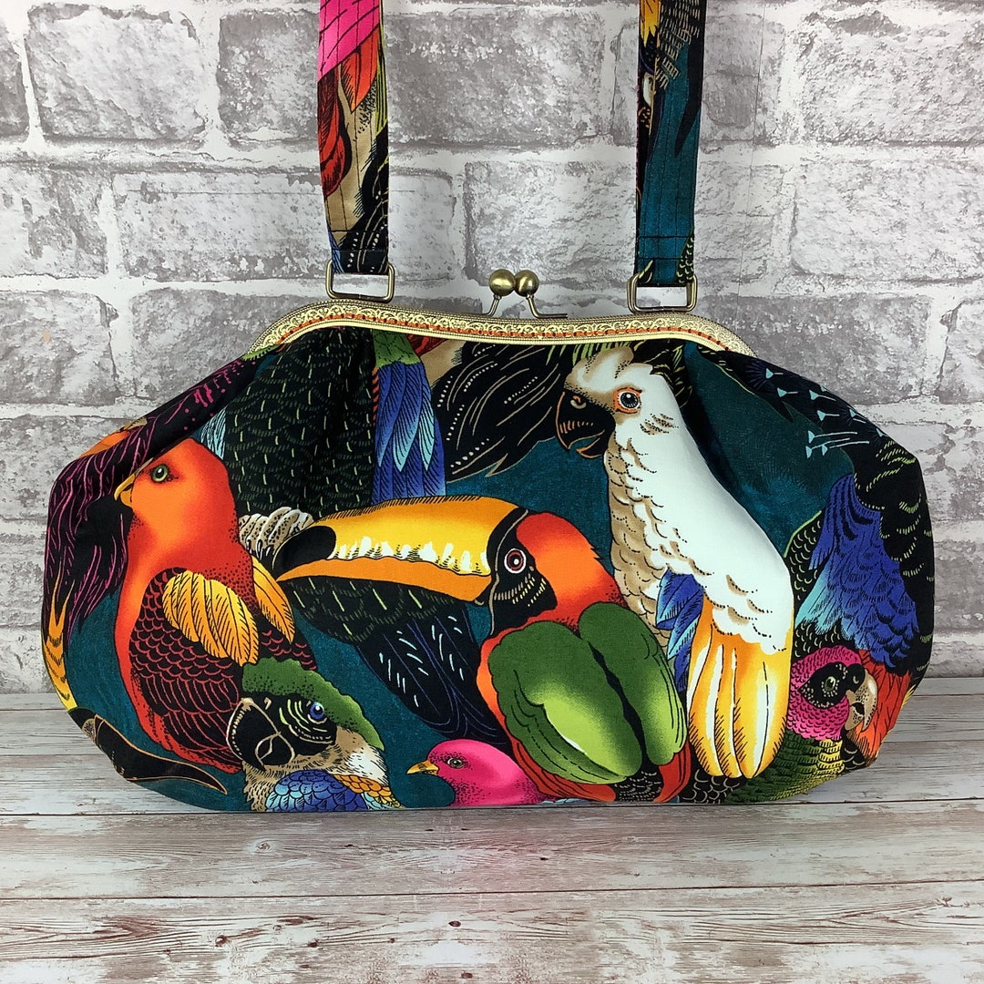 Tropical Birds Large Handbag, Kiss Lock Frame Bag, Toucans, Parrots ...
