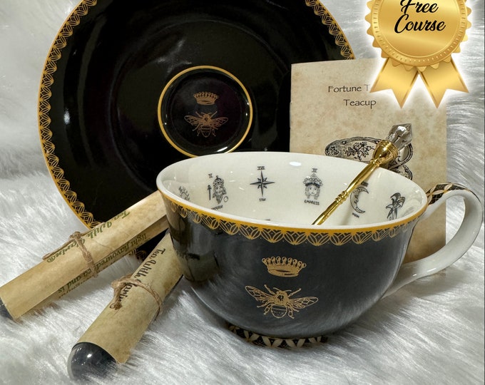 Queen Bee Tea Cup & Saucer Tea Leaf Reading Kit. 22 Major Arcana Tarot ...
