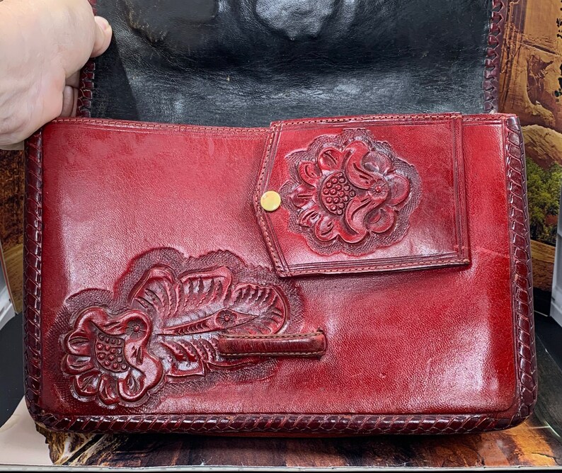 Vintage Western Red Hand Tooled Leather Handbag/clutch Purse - Etsy
