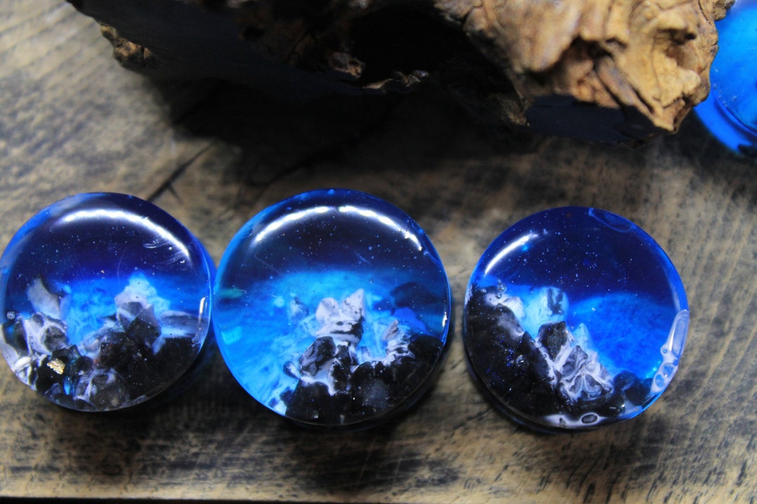 Mountain Ear Plugs and Tunnels Obsidian Stone Plugs Blue Ocean Resin ...