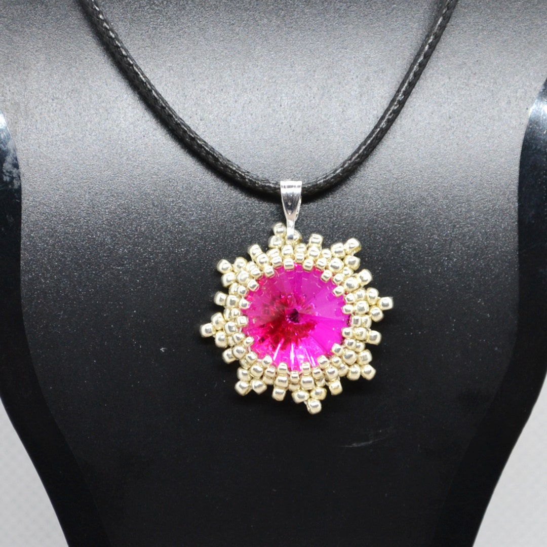 Fuchsia Crystal Necklace Beaded, Fuchsia Crystal Pendant, Seed Bead ...