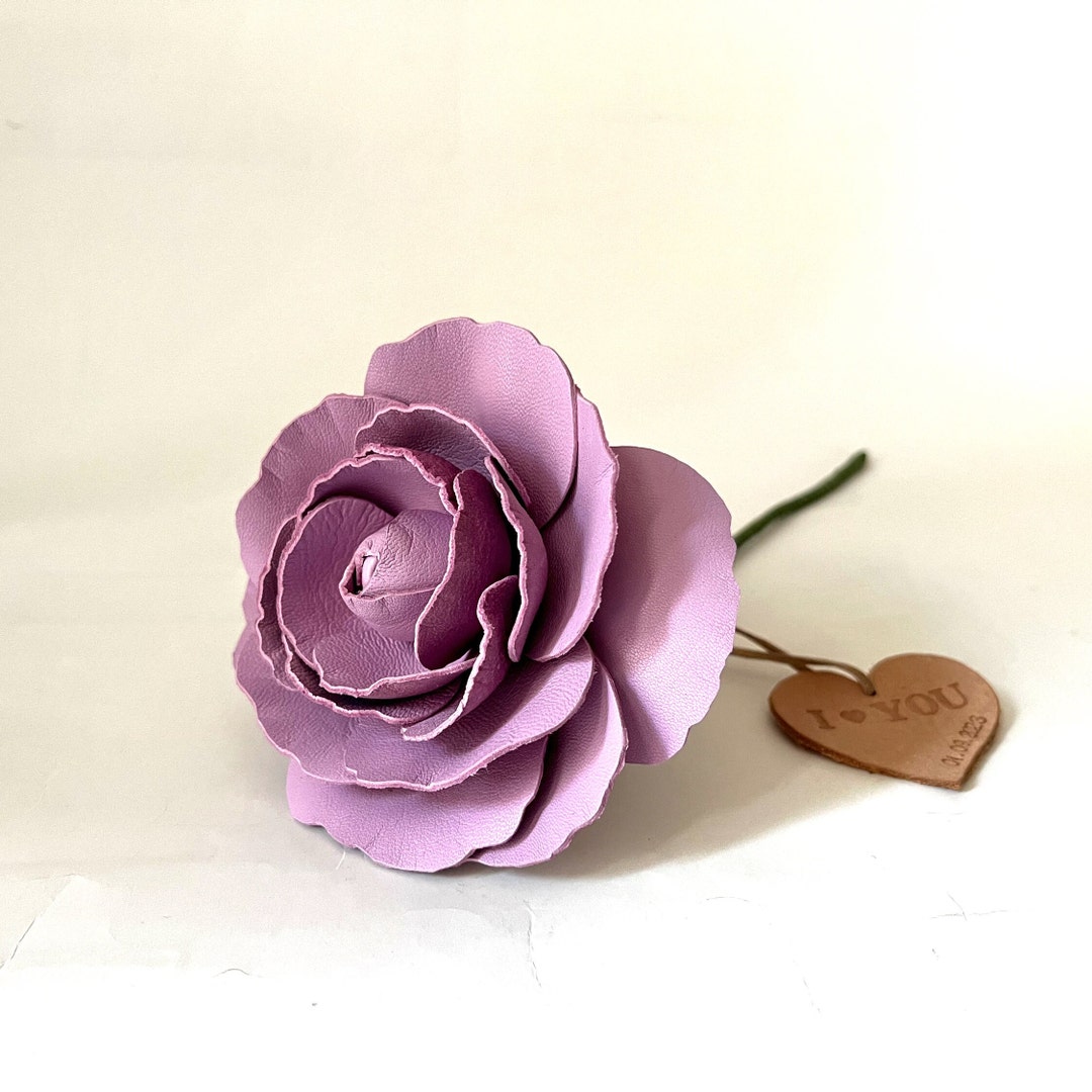 Leather Flower Long Stem, Leather Rose With Date and Initial, Lavender ...