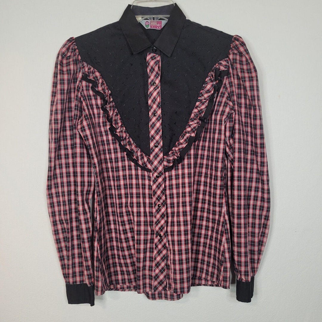 Cameo Rose Rockabilly Rodeo Snap Shirt Womens 13/14 Pink Black Plaid ...