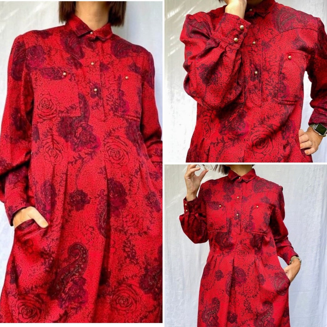 Vintage 1980s Red Rose Print Shirt Dress UK Size 12 - Etsy