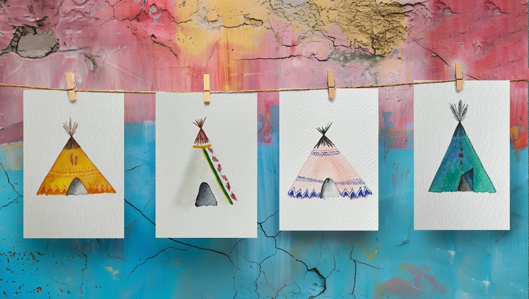 Set of 4 Hand-painted Watercolor Teepees - Etsy