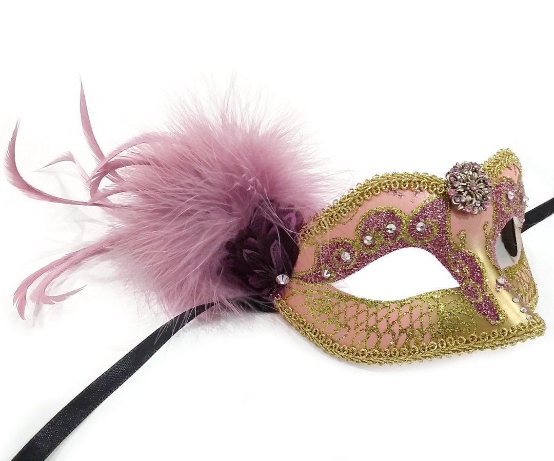 Pink & Gold Princess Masquerade Mask Feather Venetian Masque Costume ...