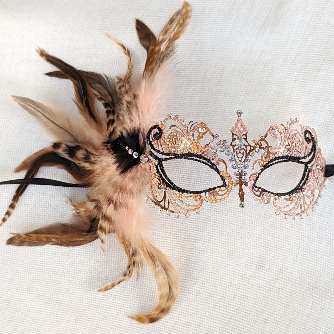 Rose Gold Metal Masquerade Mask With Feathers and Crystals Wedding Masque Venetian Eyemask - Etsy