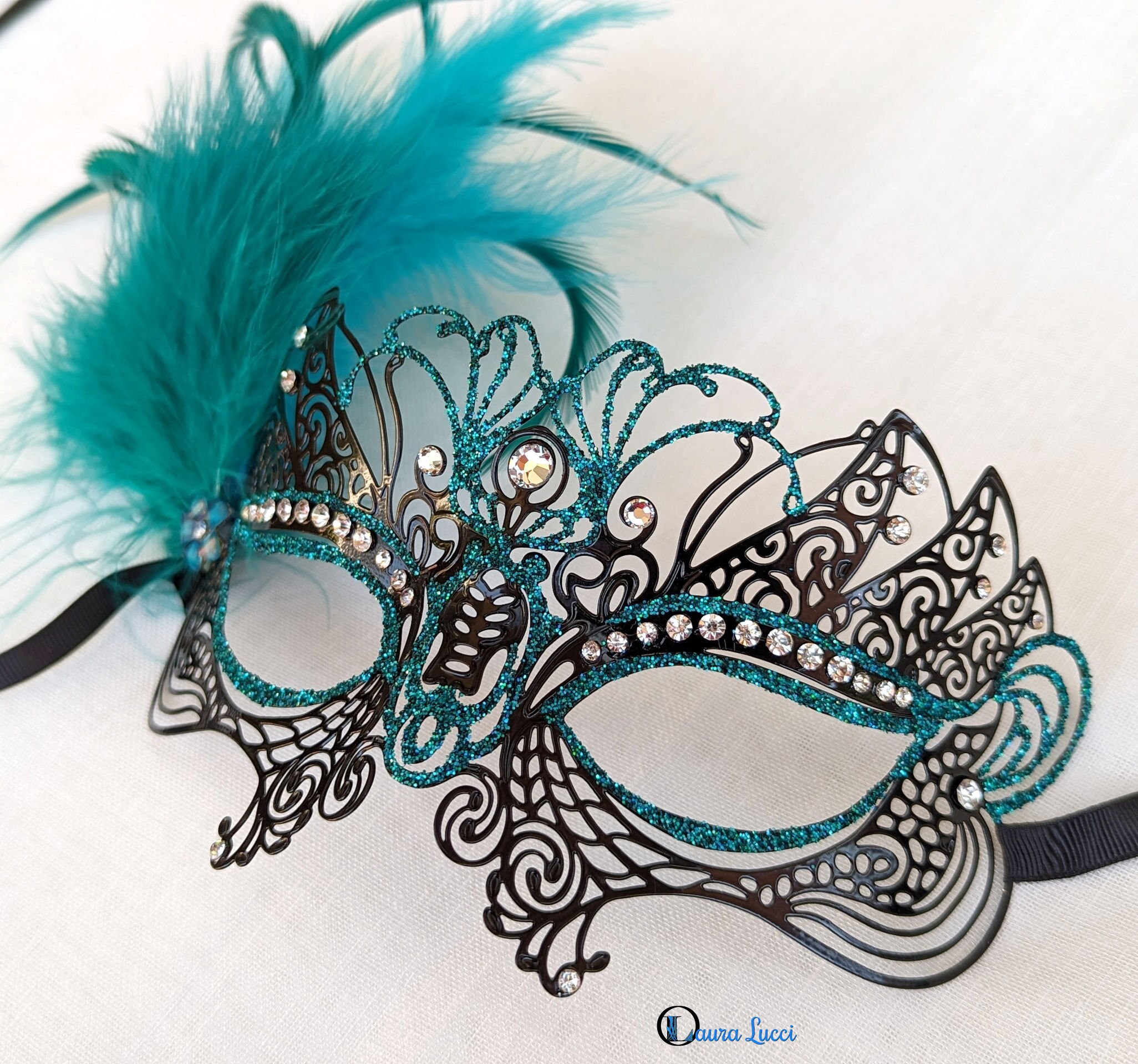 Deep Sea Black, Teal & Turquoise Masquerade Mask Green and Blue Metal ...
