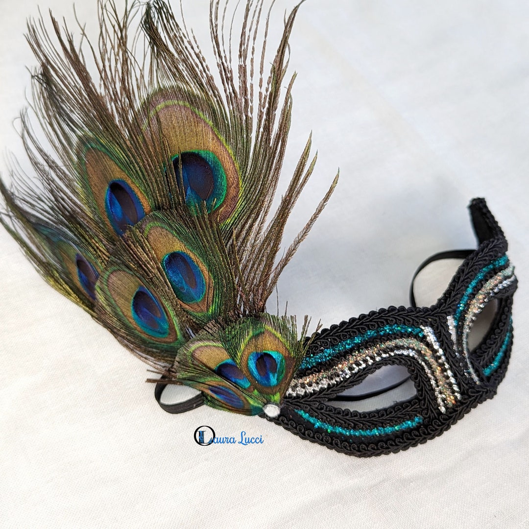 Cleo Black Peacock Masquerade Mask Black, Green & Blue Venetian Masque ...