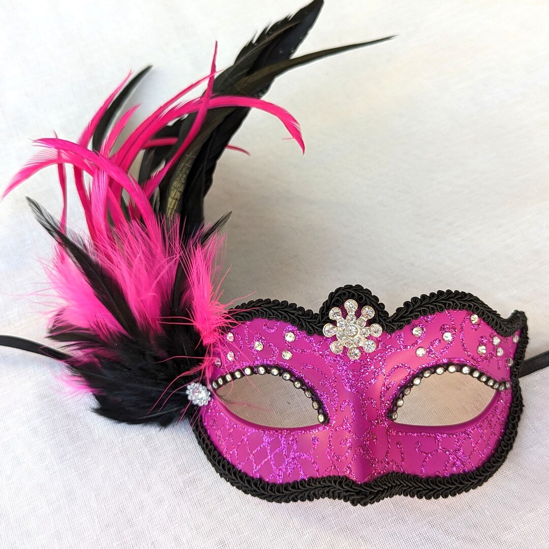 Roxanne Hot Pink and Black Masquerade Mask, Feather Venetian Masque ...