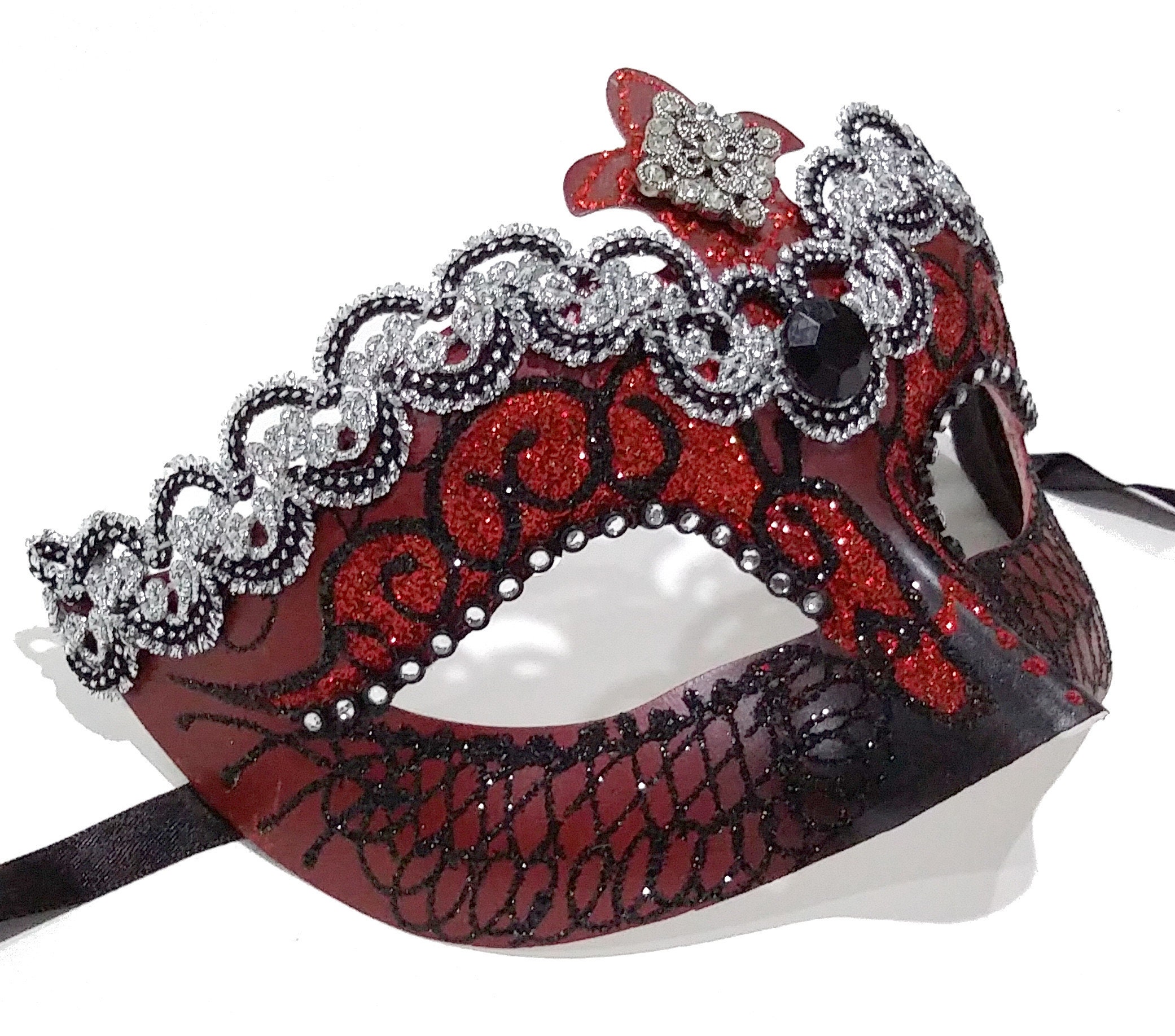 Queen of Hearts Masquerade Mask, Red, Black & Silver Eyemask U716 ...