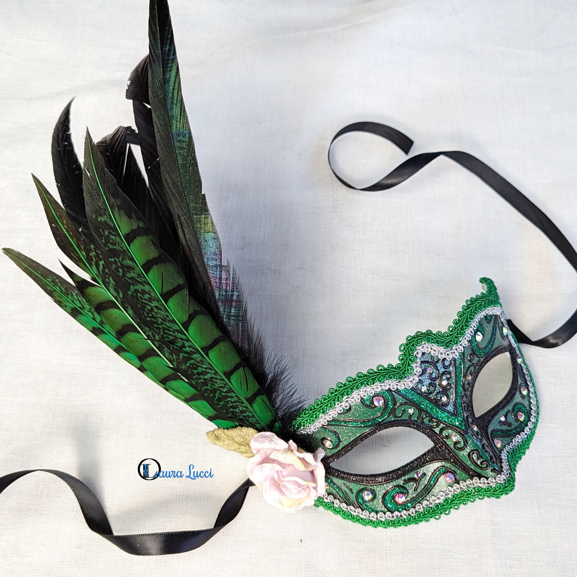 I Love Green Masquerade Mask Green & Black Venetian Feather Masque - Etsy