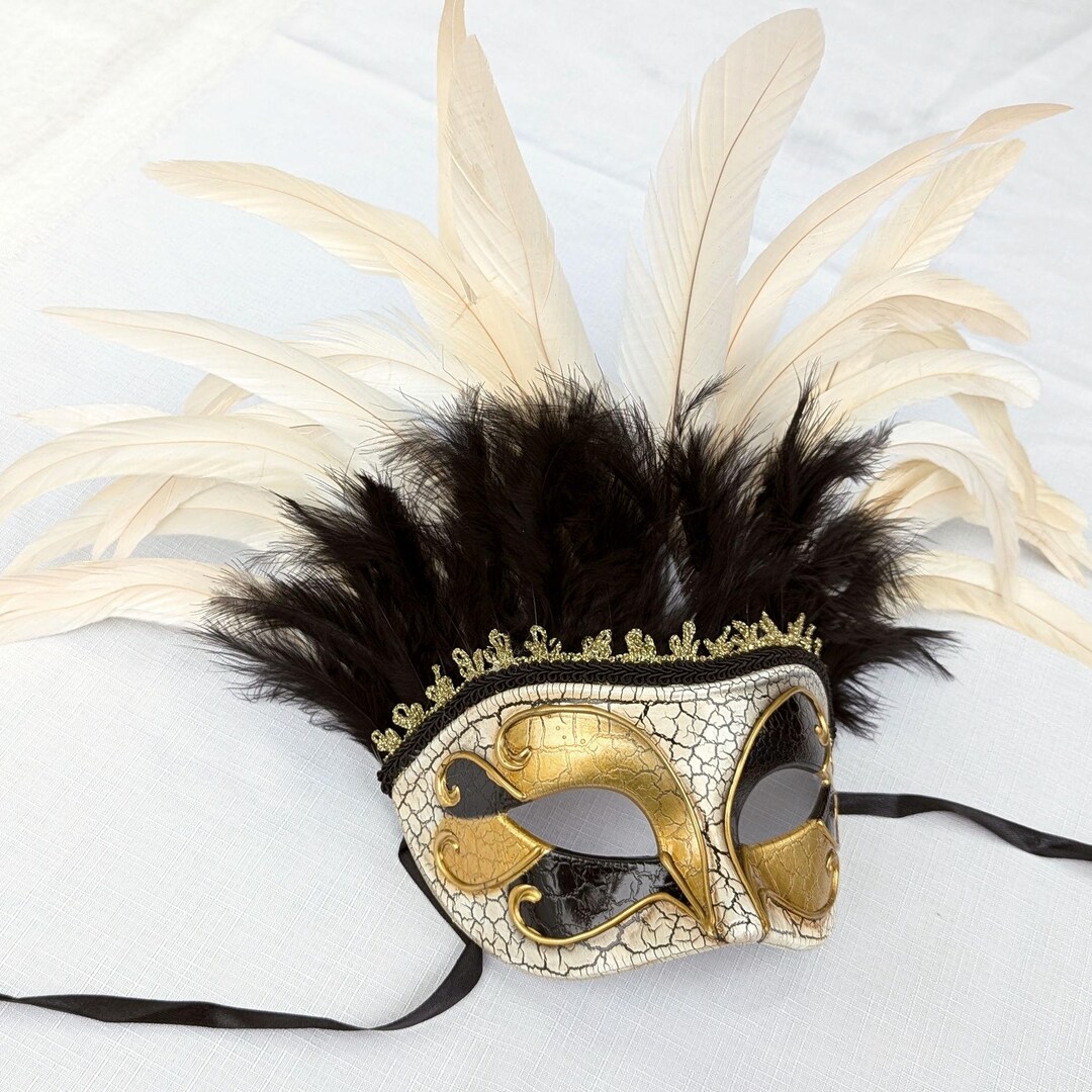 Black, Gold & Cream Feathered Warrior Men's Masquerade Mask Costume ...