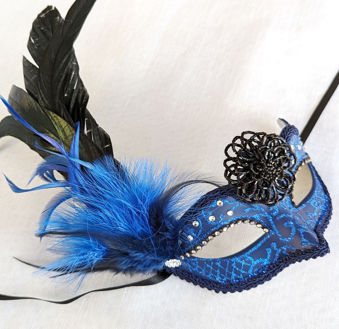 Roxanne Blue and Black Masquerade Mask, Feather Venetian Masque, Party ...