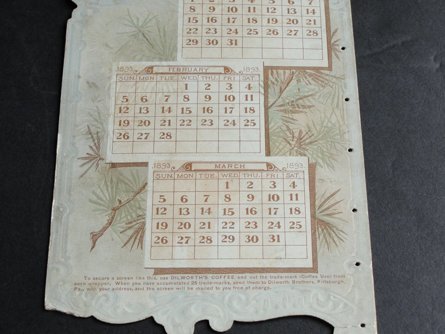 Vintage Set of (2) “use Dilworth’s Coffee” 1893 Calendar (january-march ...