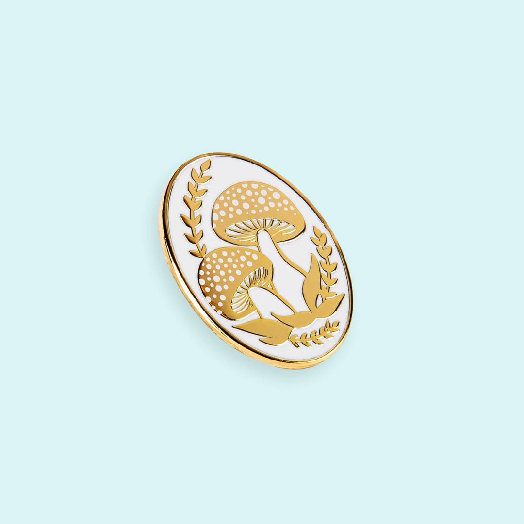 Golden Mushroom Lapel Pin - Motif Mushroom Leaf White Enamel Jewelry ...