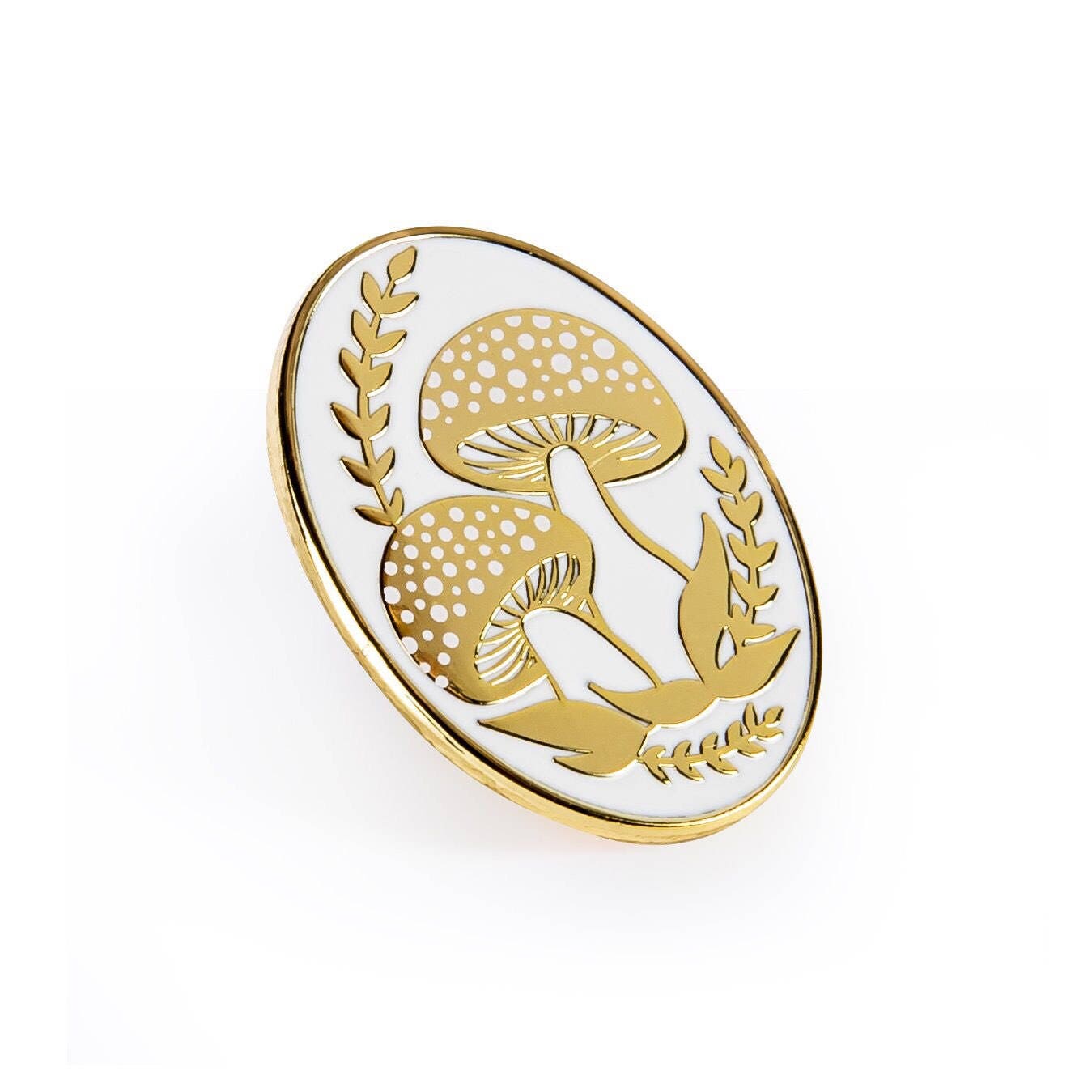 Golden Mushroom Lapel Pin Motif Mushroom Leaf White Enamel - Etsy
