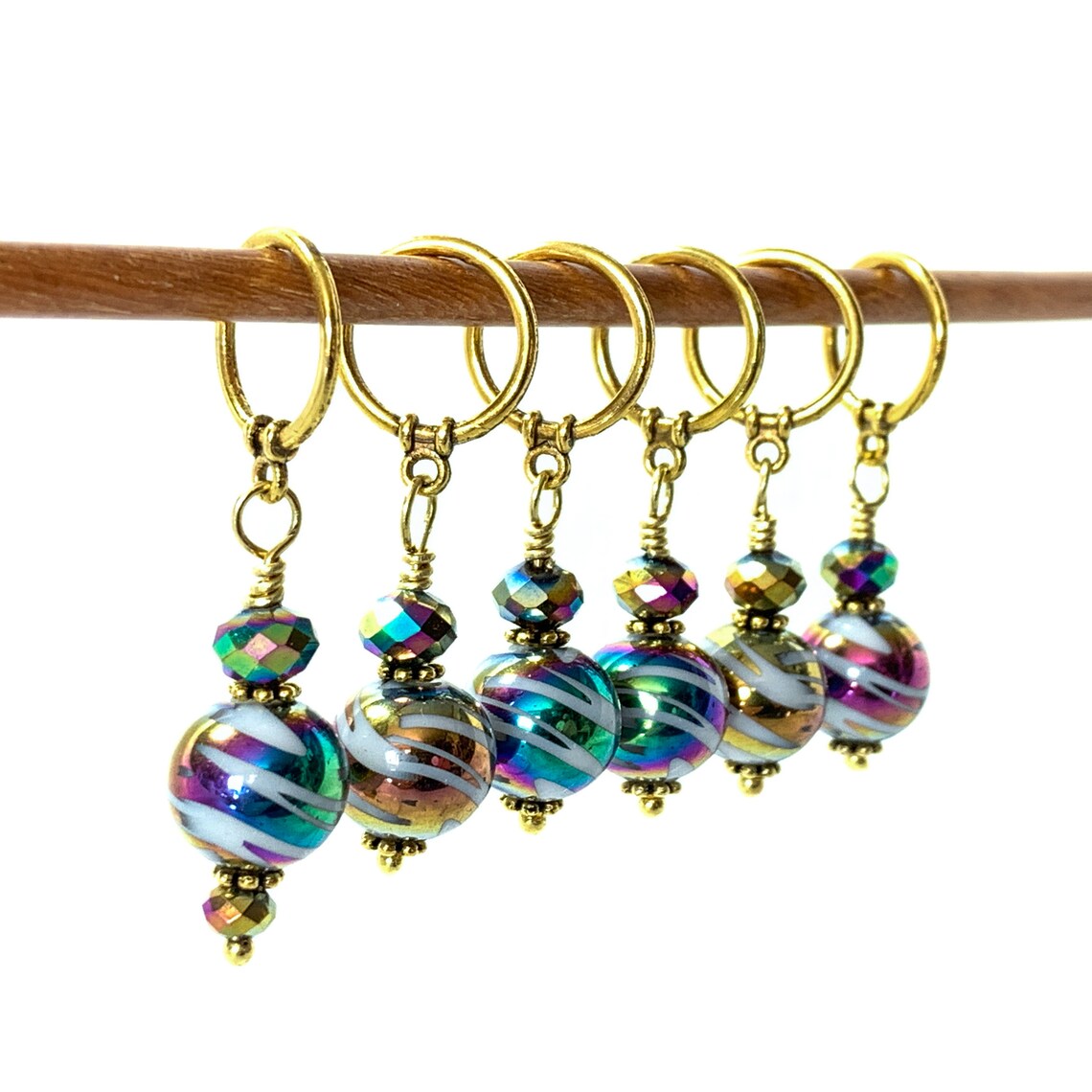Rainbow Swirl Glass Bead Knitting Stitch Markers: Holiday Ornament - Etsy