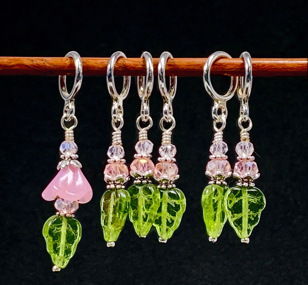 Pink Flower Glass Stitch Markers: Knitting Crochet Set, Optional Silk ...